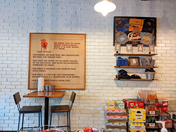 This wall tells you everything: Farm Burger wants you to think about your food. Like a delicious TED Talk that ends with a perfect burger.