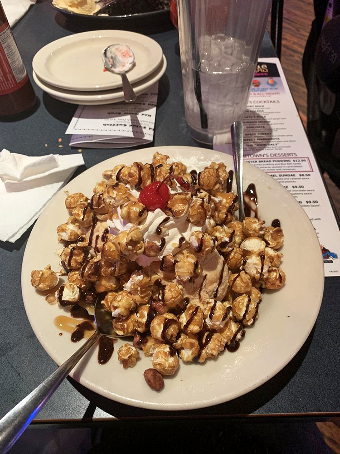 This caramel-drizzled popcorn dessert proves that seafood joints understand that the finale matters just as much as the main event.