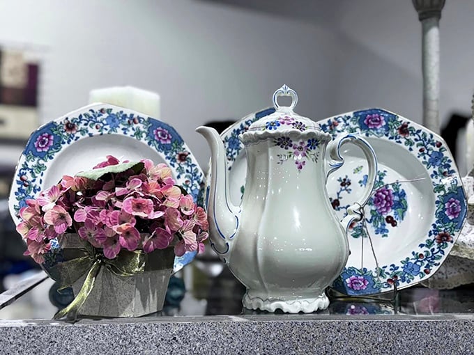 Delicate china with blue floral patterns stands ready to elevate your morning coffee from mundane caffeine delivery to "I'm starring in my own period drama" experience.
