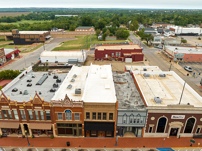 From above, Guthrie reveals itself as a perfect grid of history, where each red-brick building tells a chapter of Oklahoma's story.