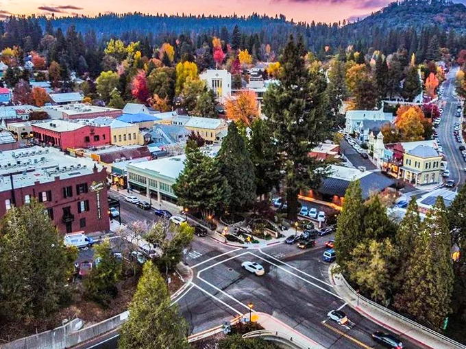 From above, Nevada City reveals itself as a perfect grid of history surrounded by nature's embrace, civilization's island in a sea of trees.