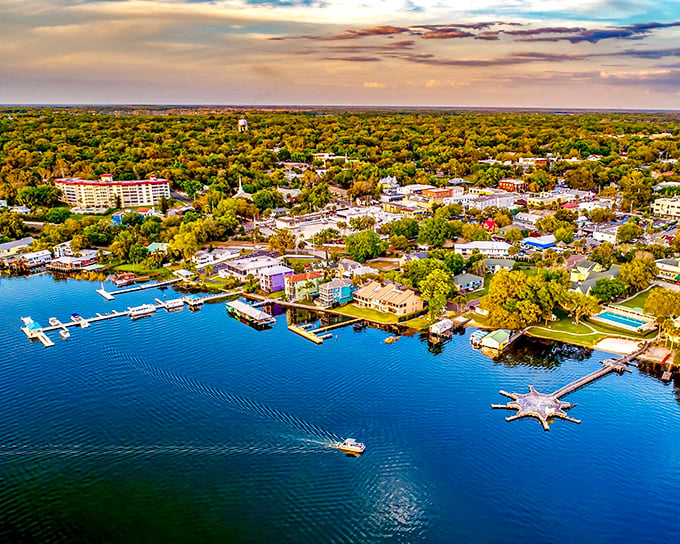 From above, Mount Dora reveals its perfect balance of blue water, green canopy, and colorful buildings&mdash;like Florida decided to dress up for a special occasion.