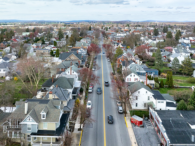 From above, Lititz reveals itself as a perfect grid of tree-lined streets and well-preserved homes. Norman Rockwell would approve of this aerial view.