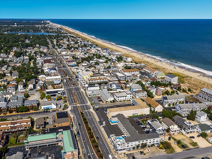 From above, Dewey reveals its perfect geography—a slender strip of paradise nestled between ocean and bay, like nature's perfect sandwich.
