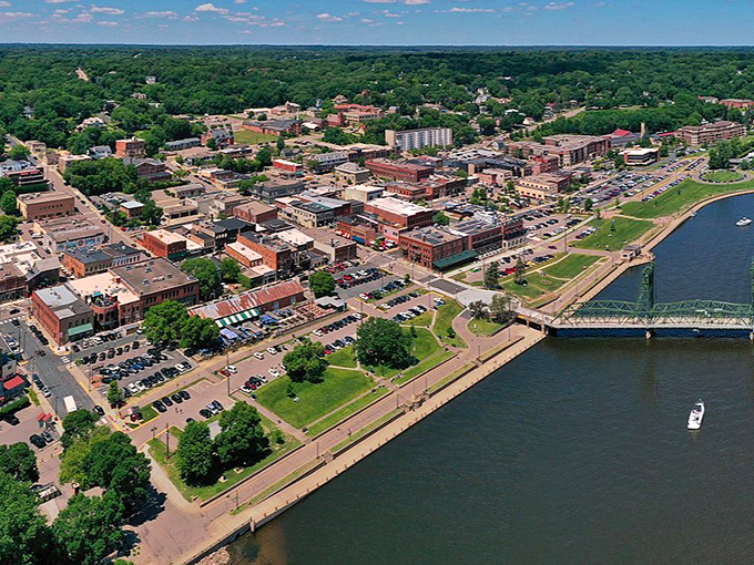 From above, Stillwater reveals its perfect positioning &ndash; nestled between rolling hills and the mighty St. Croix, a testament to the wisdom of its founders.