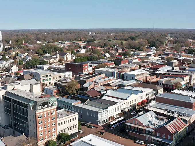 From this bird's-eye view, Natchez reveals itself as a perfect grid of history, with the mighty Mississippi serving as nature's exclamation point.