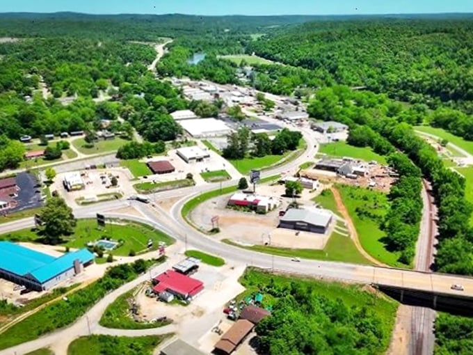 From above, Hardy reveals its perfect balance&mdash;a small town nestled between rolling Ozark hills and the sinuous embrace of the Spring River.