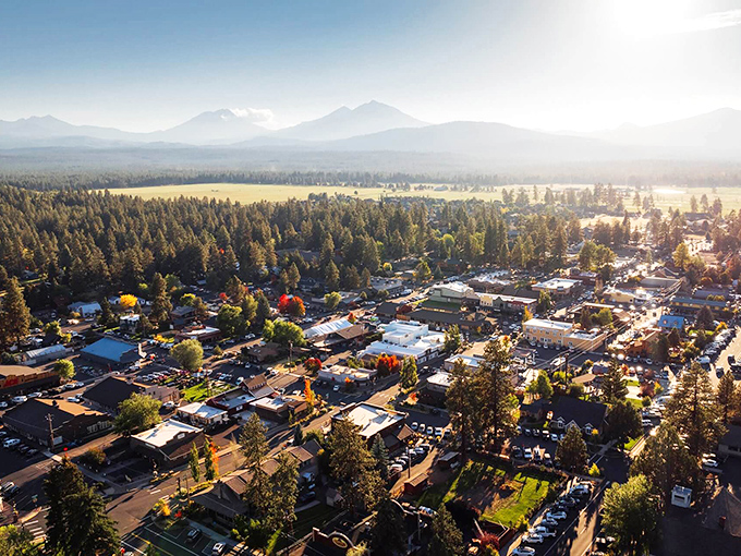 From above, Sisters reveals its perfect positioning—a charming grid of civilization nestled between mountain majesty and forest serenity.