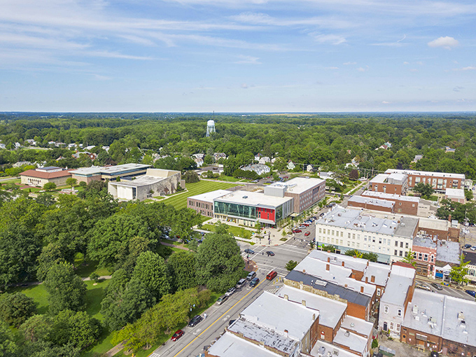 From above, Oberlin reveals itself as an oasis of green amid the Ohio landscape. This bird's-eye view shows how seamlessly the college and town blend together in leafy harmony.
