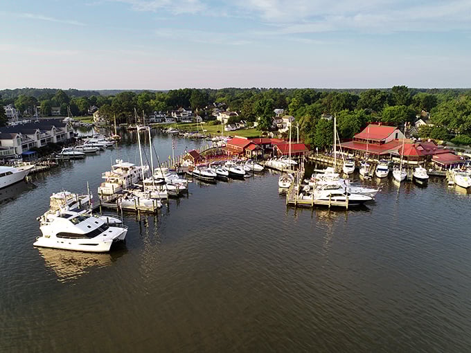 From above, St. Michaels' marina reveals its perfect harmony of land and water, where sailboats rest between adventures on the Chesapeake Bay.
