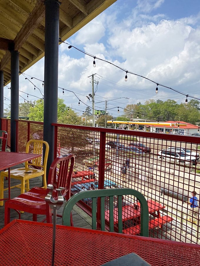 The upstairs seating offers fresh air and people-watching. Those string lights will make even your burger's beauty shot Instagram-worthy.