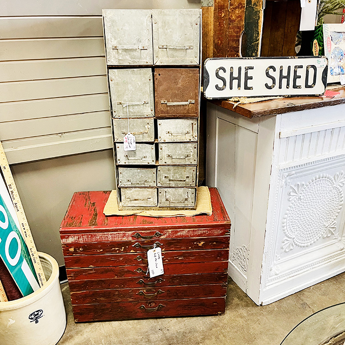 Industrial storage meets rustic charm with these perfectly weathered cabinets. The "She Shed" sign is just asking to star in your next Instagram post.
