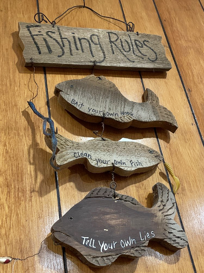 Fishing Rules wall art that speaks the truth: if you're looking for fancy, you're in the wrong place. Bill's keeps it real, one catfish at a time.