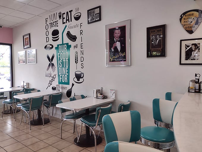 Walls that tell stories between bites. The vintage-inspired decor and typography create an atmosphere where "our goal is to dine for" isn't just clever wordplay.
