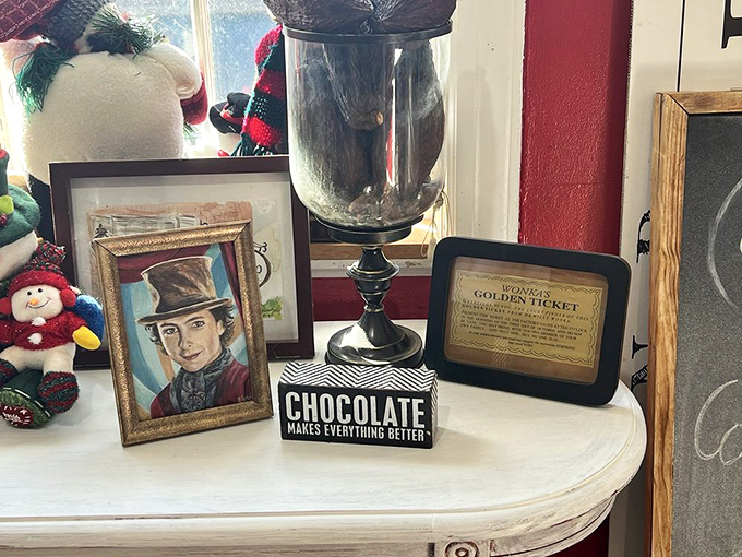 A shrine to chocolate's transformative powers, complete with Willy Wonka watching over it all. The sign speaks nothing but truth.