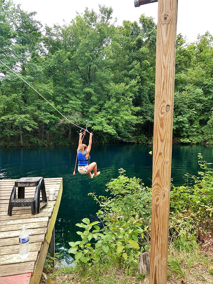 Flight of the fearless! The zipline offers that perfect moment of airborne freedom before gravity and water conspire to create the ultimate refreshing finale.