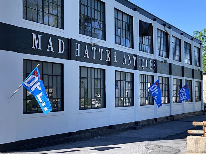The imposing white facade of Mad Hatter Antiques stands like a time machine disguised as a warehouse. Step inside and prepare to lose track of hours!