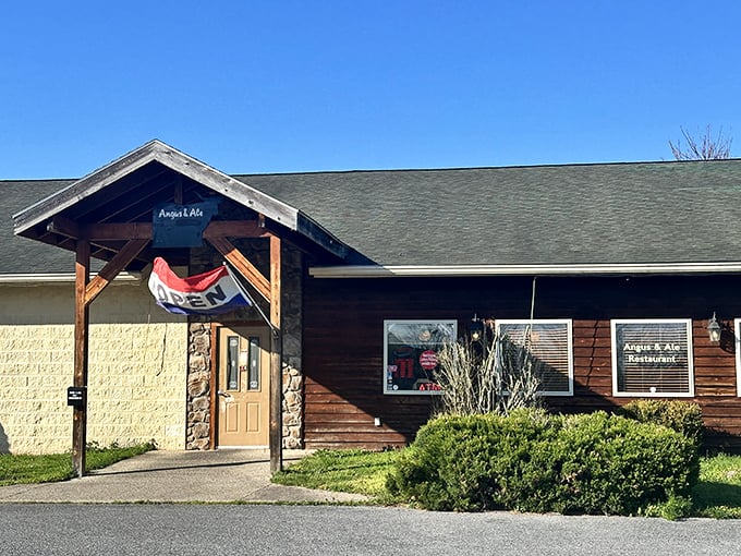 The rustic cabin-like exterior of Angus & Ale promises no-nonsense steak magic within. Simplicity outside, flavor explosions inside!