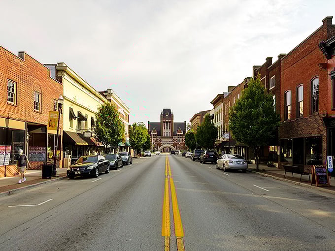 Bardstown's main street looks like a movie set where time decided to take a permanent vacation.