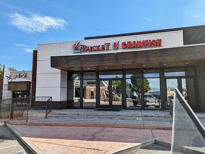 The Bucket O' Crawfish storefront beckons with promise &ndash; like finding a Mardi Gras party in the middle of Utah's mountains!