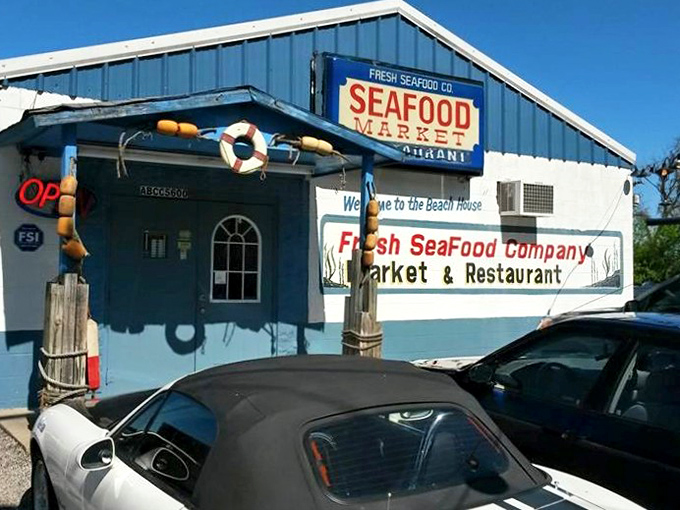The blue "Beach House" facade of Fresh Seafood Co. promises a coastal escape in landlocked West Virginia. Nautical decor included!