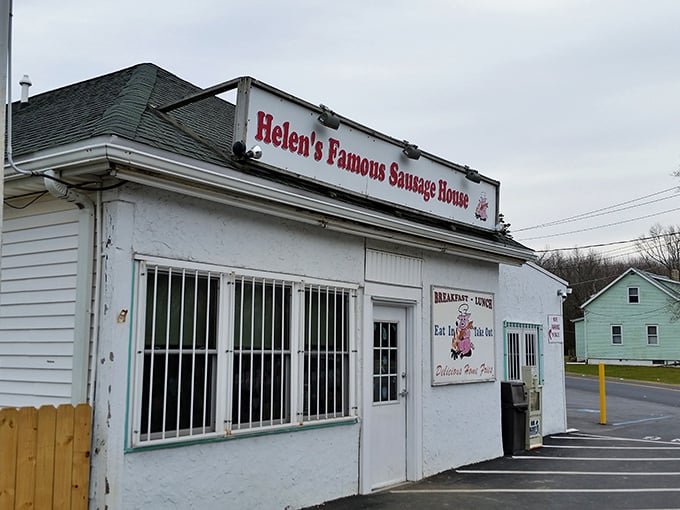 The unassuming white building that houses Helen's Famous Sausage House - where breakfast pilgrims worship at the altar of perfectly seasoned pork.