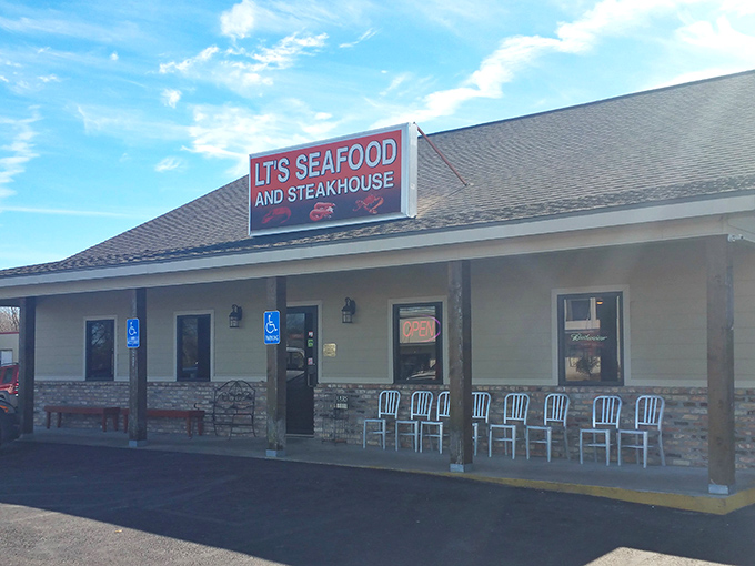 Simple red sign, serious steak game. L.T.'s modest exterior hides a paradise where beef dreams come true.