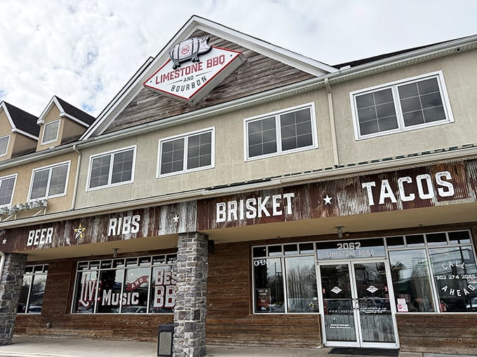 Limestone BBQ's rustic facade says it all: BEER, RIBS, BRISKET, TACOS. It's like they read my diary and built a restaurant around it.