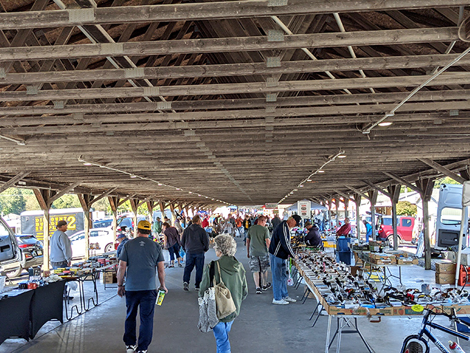 The wooden pavilion at Rogers stretches like a treasure-filled time tunnel. Comfortable shoes required, bargain hunting guaranteed!
