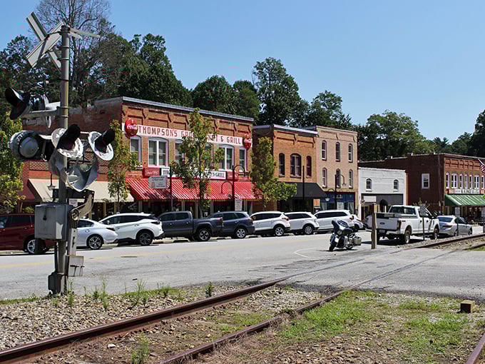 Railroad tracks slice through downtown Saluda, where time seems to move at its own leisurely pace.