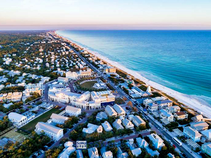 Seaside: Aerial paradise! This pastel-perfect Gulf Coast town looks like a movie set because, well, it actually was one.