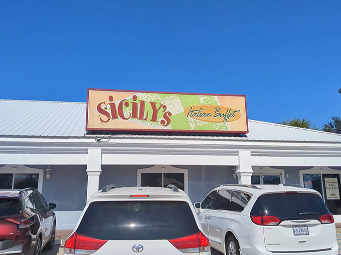 Sicily's welcoming storefront promises Italian abundance within. That sign might as well read "Abandon diets, all ye who enter here."