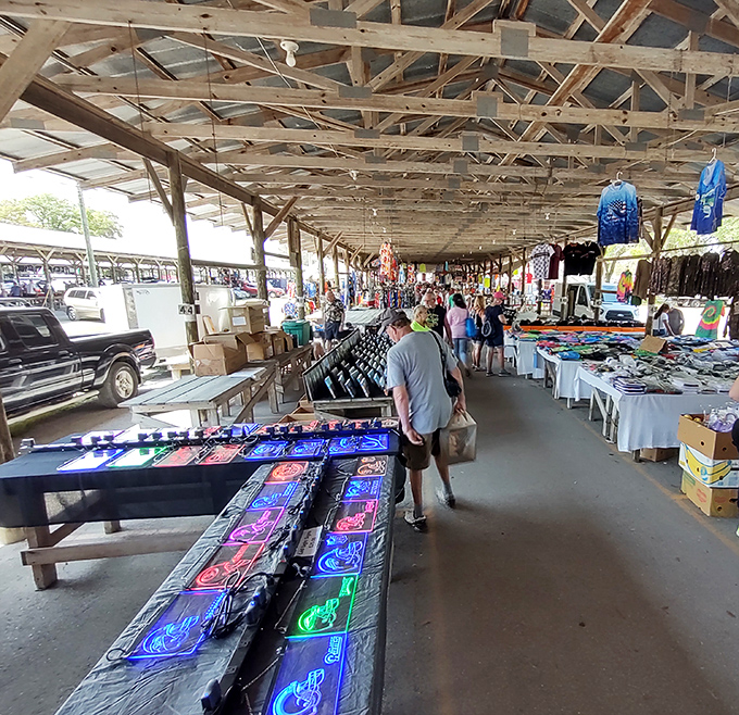 Treasure hunters navigate the covered walkways of Webster's Swap-O-Rama, where neon signs and bargains beckon under rustic wooden rafters.