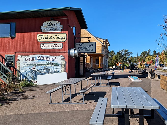 The Fisherman's Daughter: A red-sided slice of North Shore heaven where picnic tables await your seafood feast. Lake Superior's bounty never looked so inviting!
