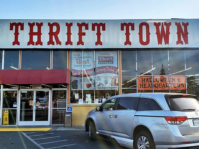 Thrift Town's iconic red signage beckons like a siren song to bargain hunters across Sacramento.
