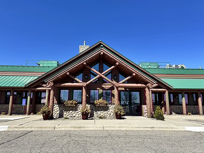Timber Lodge's rustic log cabin exterior is like a Paul Bunyan fever dream &ndash; Minnesota's answer to mountain getaways!