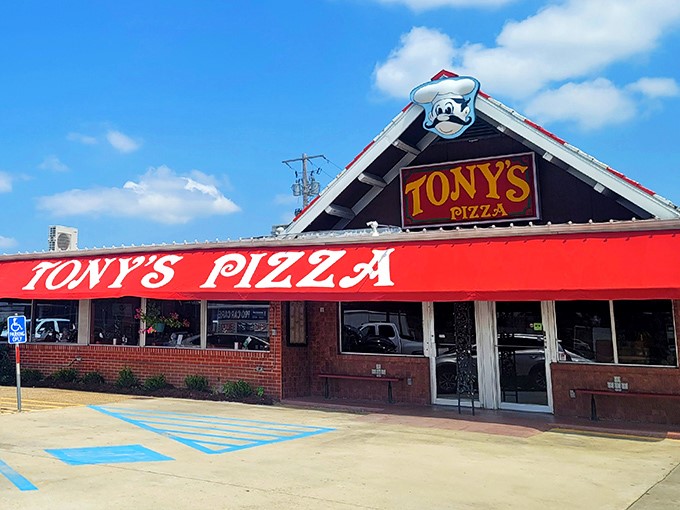 Tony's Pizza's iconic red awning and chef logo &ndash; like a beacon of hope for the pizza-deprived souls of Lake Charles.