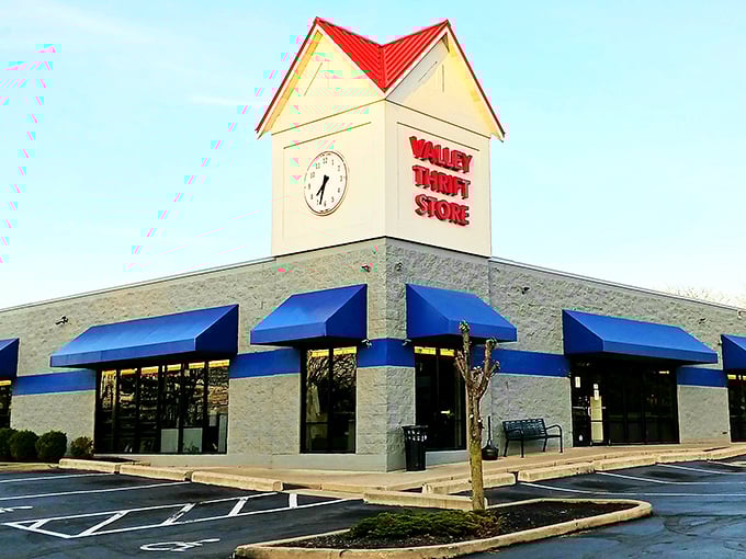 Valley Thrift Store's iconic clock tower stands like a time machine to bargain paradise&mdash;where your wallet actually gains weight instead of losing it.