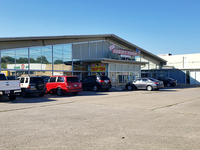 Veterans Thrift Town's distinctive angled roof promises treasures within &ndash; like a retro department store where bargains and nostalgia collide.