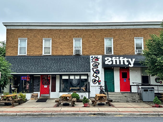 Picnic tables outside 2Fifty invite you to enjoy brisket al fresco, the way nature and Texas pitmasters intended.