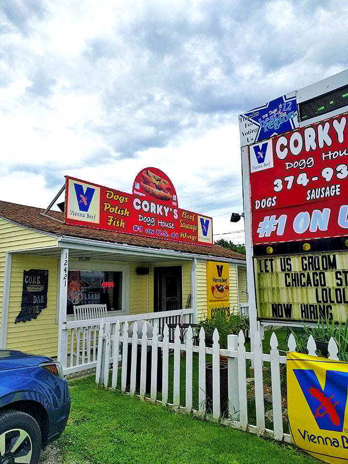 Vienna Beef flags flying proudly at Corky's, where that cheerful yellow fa&ccedil;ade has been beckoning hot dog pilgrims for good reason.