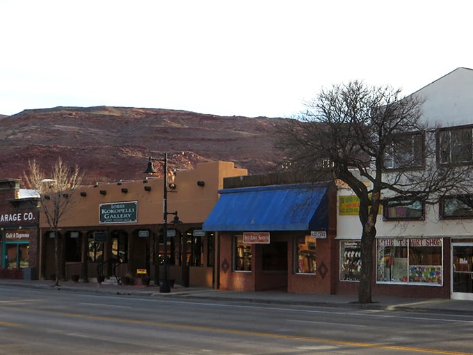 Gallery row in Moab, where the red rock backdrop makes even the buildings look like they're auditioning for a role in a Western.