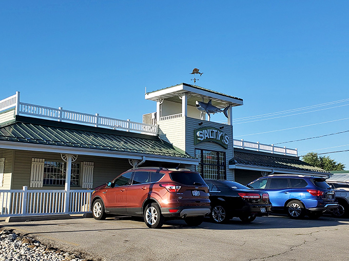 Salty's exterior view: Like finding a little slice of Cape Cod in the Midwest. Those white railings and green roof promise nautical delights inside!