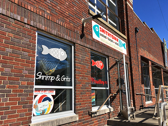 Window-shopping takes on new meaning when "Shrimp & Grits" is advertised like designer goods. My kind of storefront!