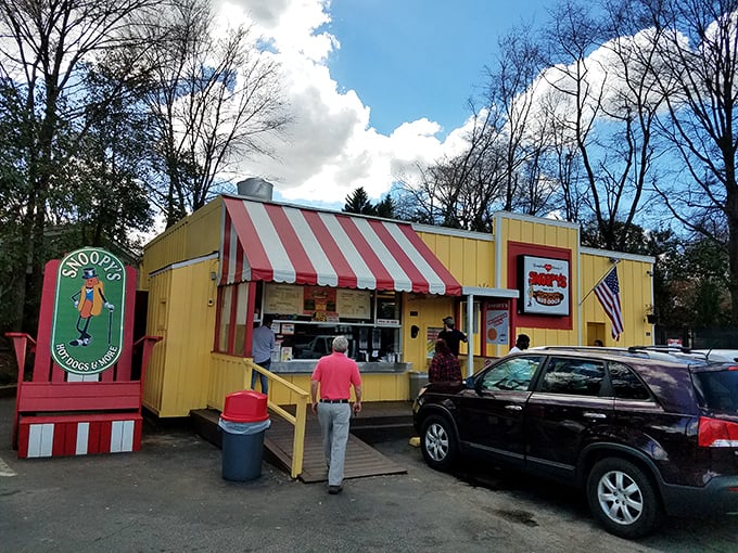 That red-and-yellow awning isn't just decoration, it's a beacon calling hot dog pilgrims to worship at the altar of perfect simplicity.