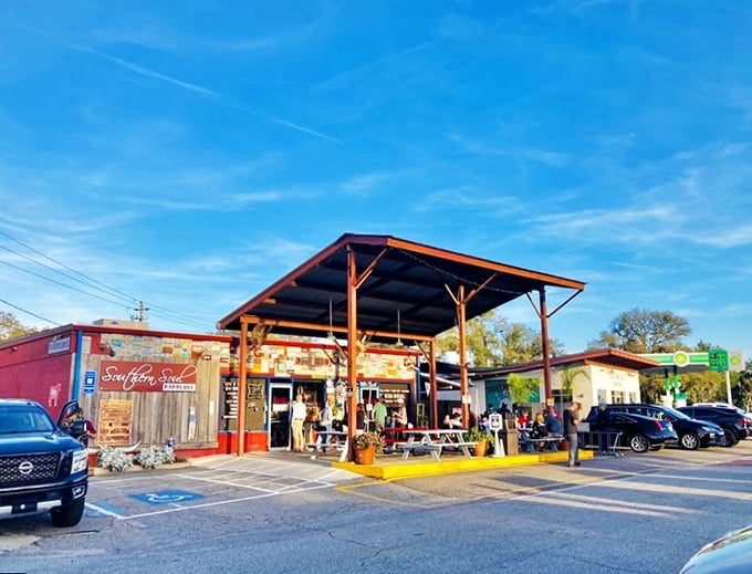 The barbecue equivalent of beachfront property. Southern Soul's covered patio promises shelter from everything except flavor overload.