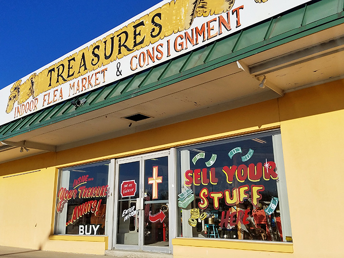"Sell Your Stuff Here" - the neon siren call to bargain hunters everywhere. Inside lies a labyrinth of yesterday's treasures seeking tomorrow's homes.