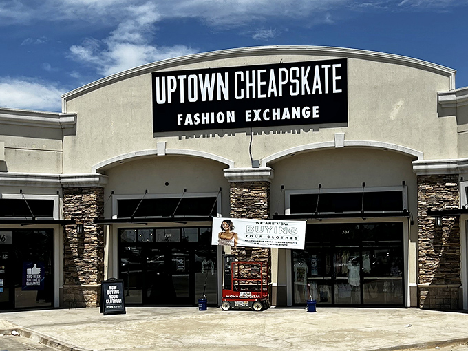 Thrifting gets the VIP treatment here, where yesterday's splurges become today's bargains under that bold black sign.