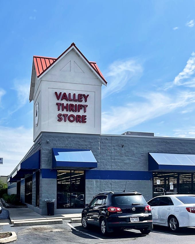 Blue awnings beckon like old friends saying, "Come on in, the savings are fine!" Valley Thrift's exterior promises treasures within.