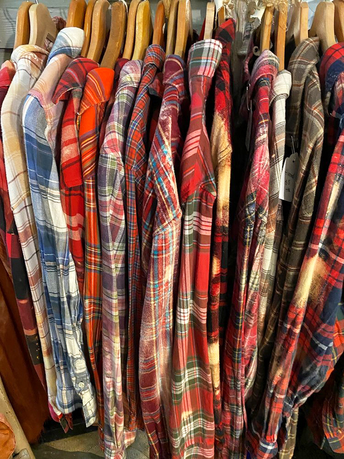 A rainbow of flannel shirts tells stories of decades past&mdash;each plaid pattern a chapter in someone's life adventures.